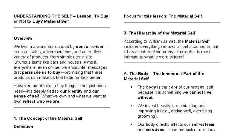 Material Self - Lesson Review: To Buy or Not to Buy? - Studocu