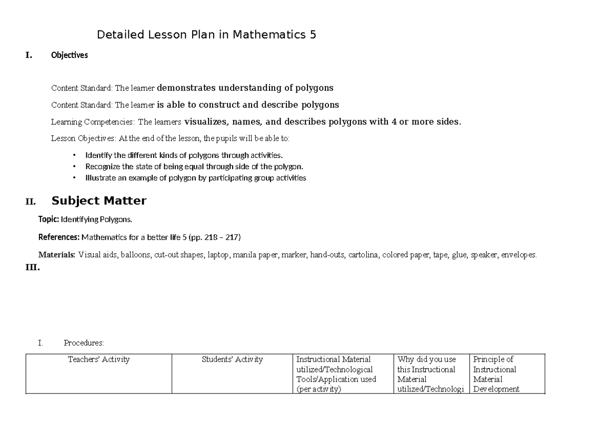 Detailed Lesson Plan: Identifying Polygons in Math 5 - Studocu