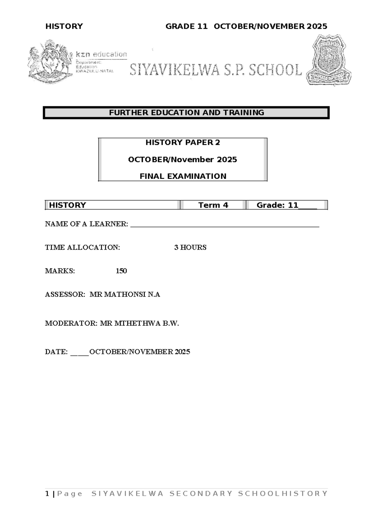 HISTORY GRADE 11 2025 FINAL EXAMINATION PAPER 2 TERM 4 - Studocu