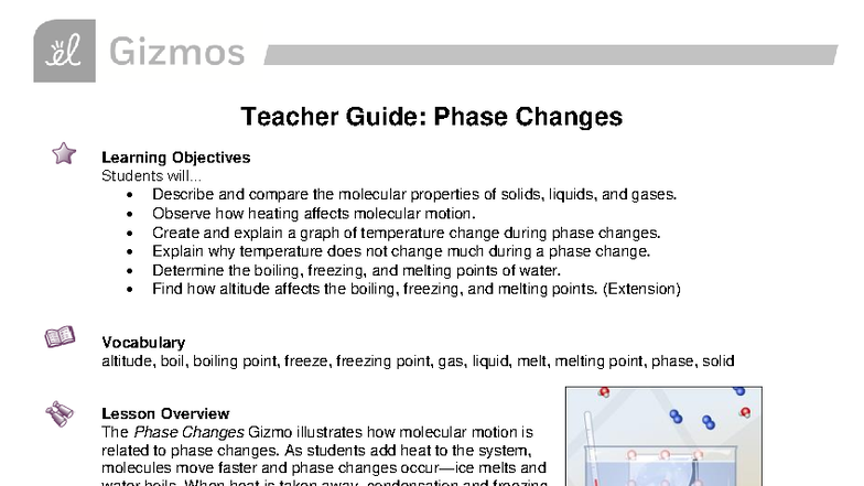 Phase Changes Gizmo: Teacher Guide & Student Exploration (2019) - Studocu