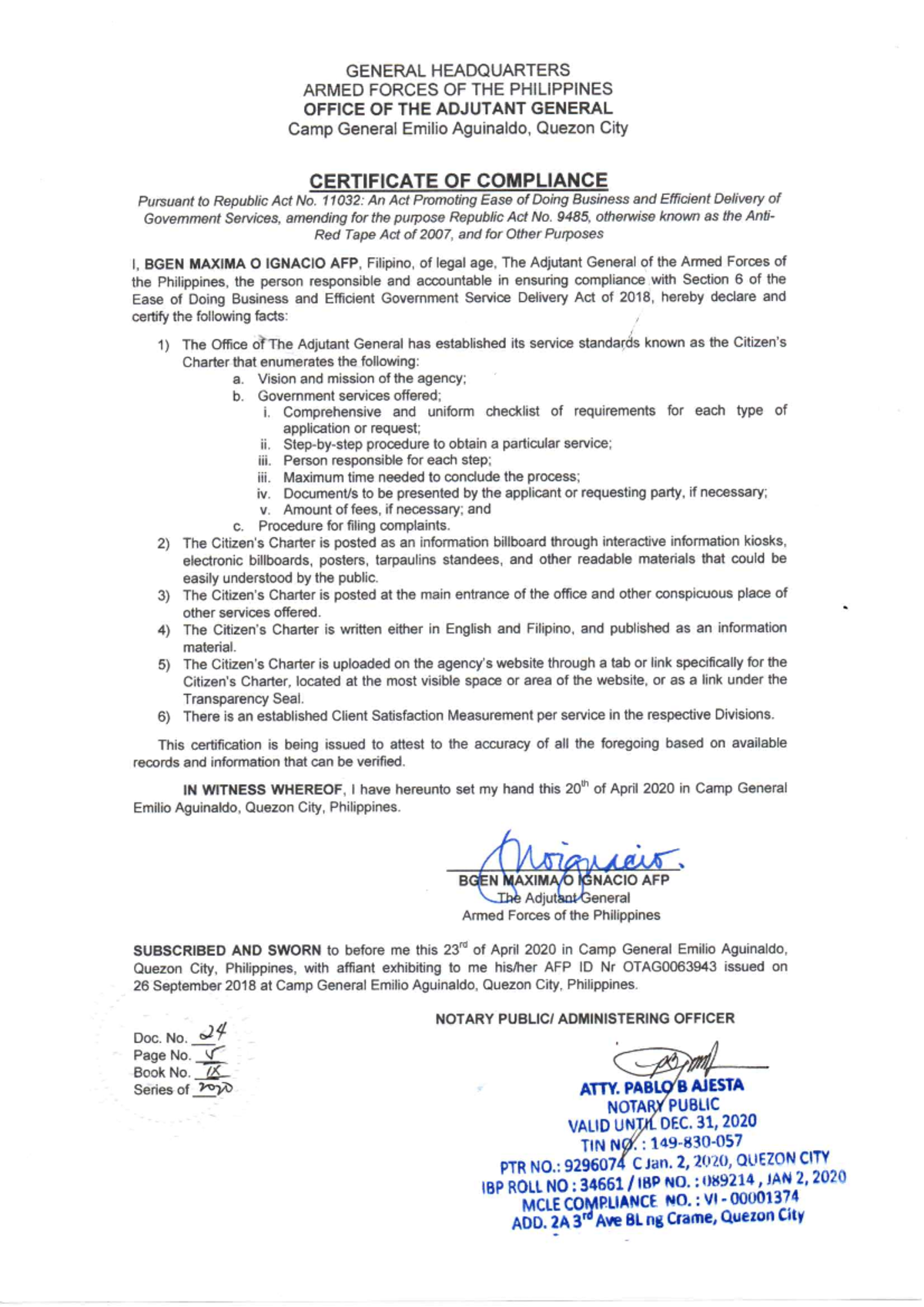 AFP Charter 2020: List of Services and Processing Guidelines - Studocu