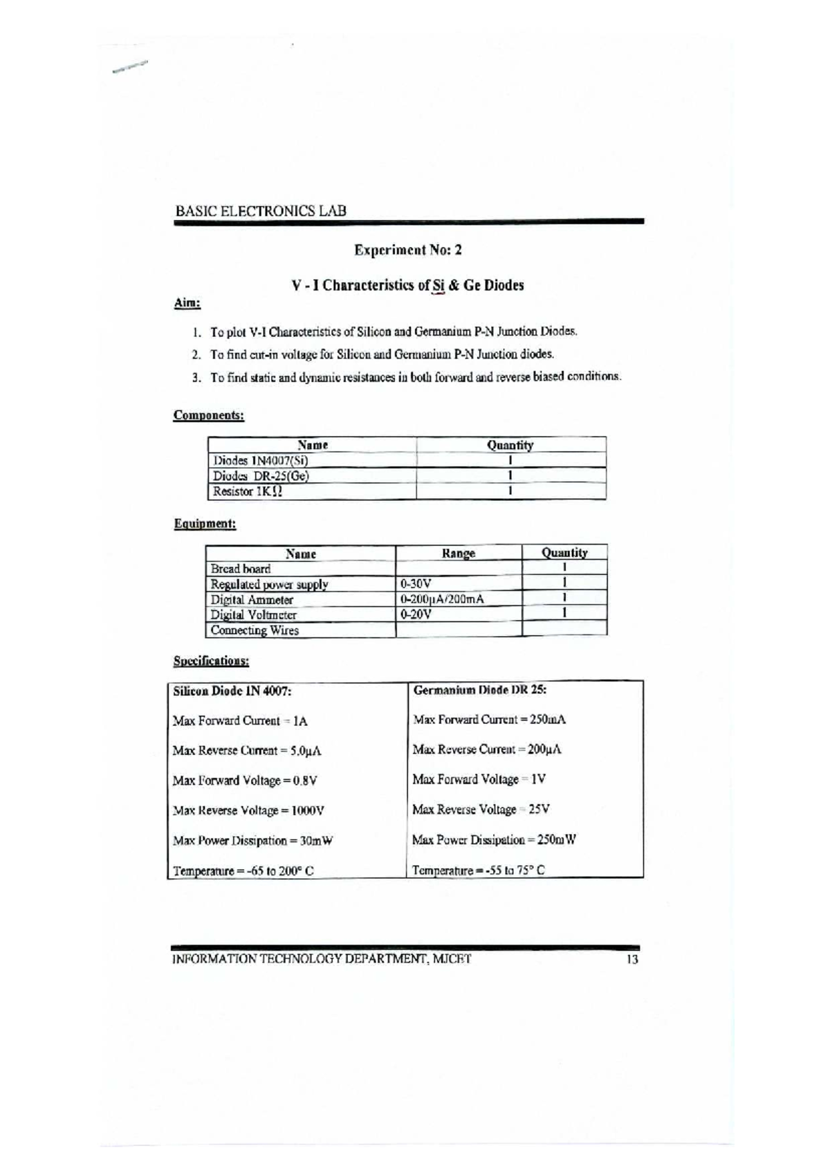 BASIC ELECTRONICS LAB (ELECTRONICS-I) Experiment 2: V-I Characteristics of Si & - Studocu