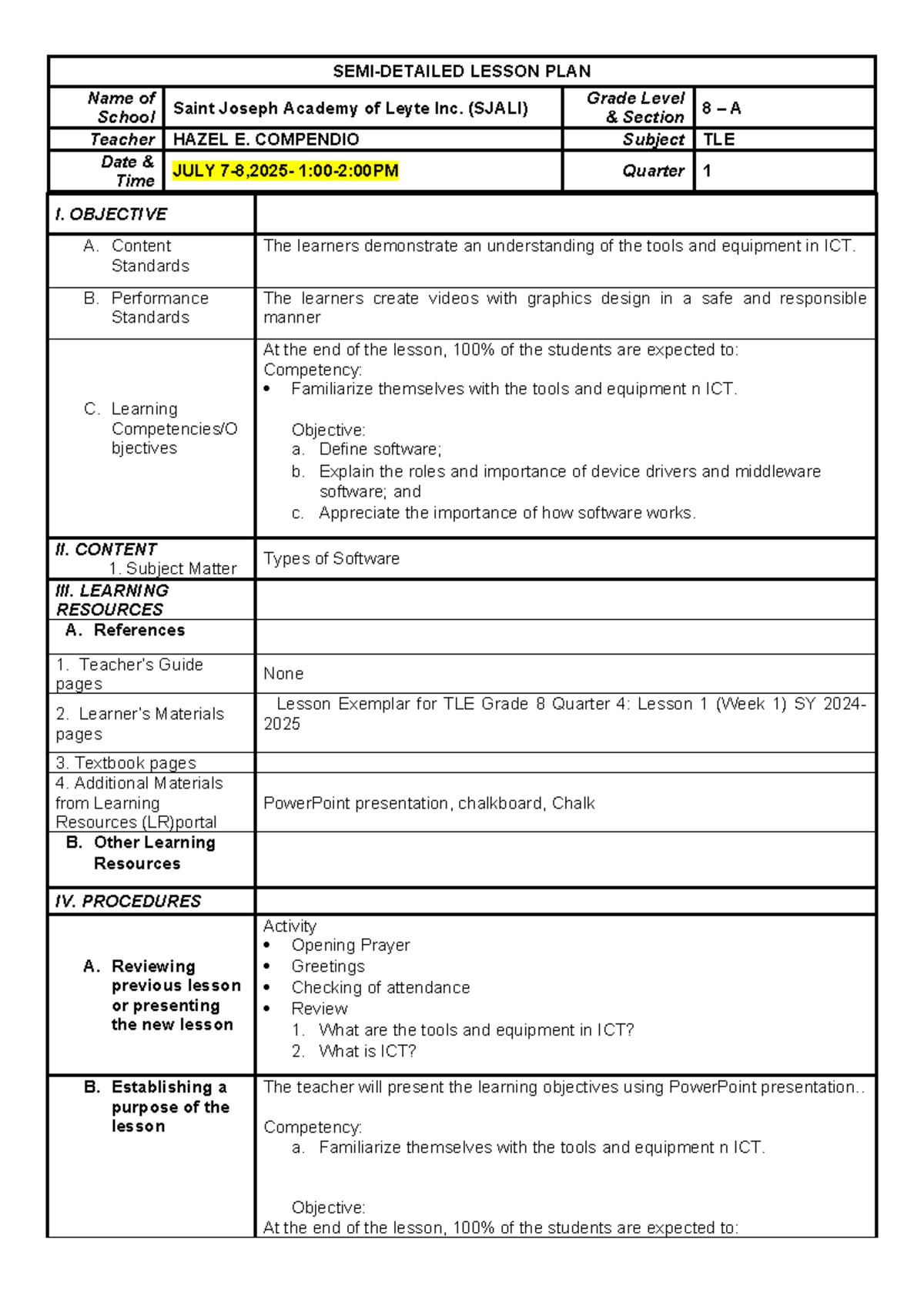 TLE 8 - Q4 W1: Lesson Plan on ICT Tools & Software - Studocu