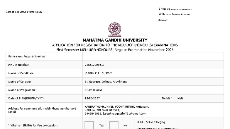 BCom (Hons) Exam Registration - Joseph K Augusthy - Nov 2025 - Studocu