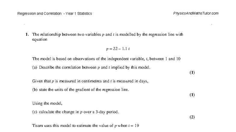 Regression and Correlation QP Year 1 Statistics PMT - Studocu