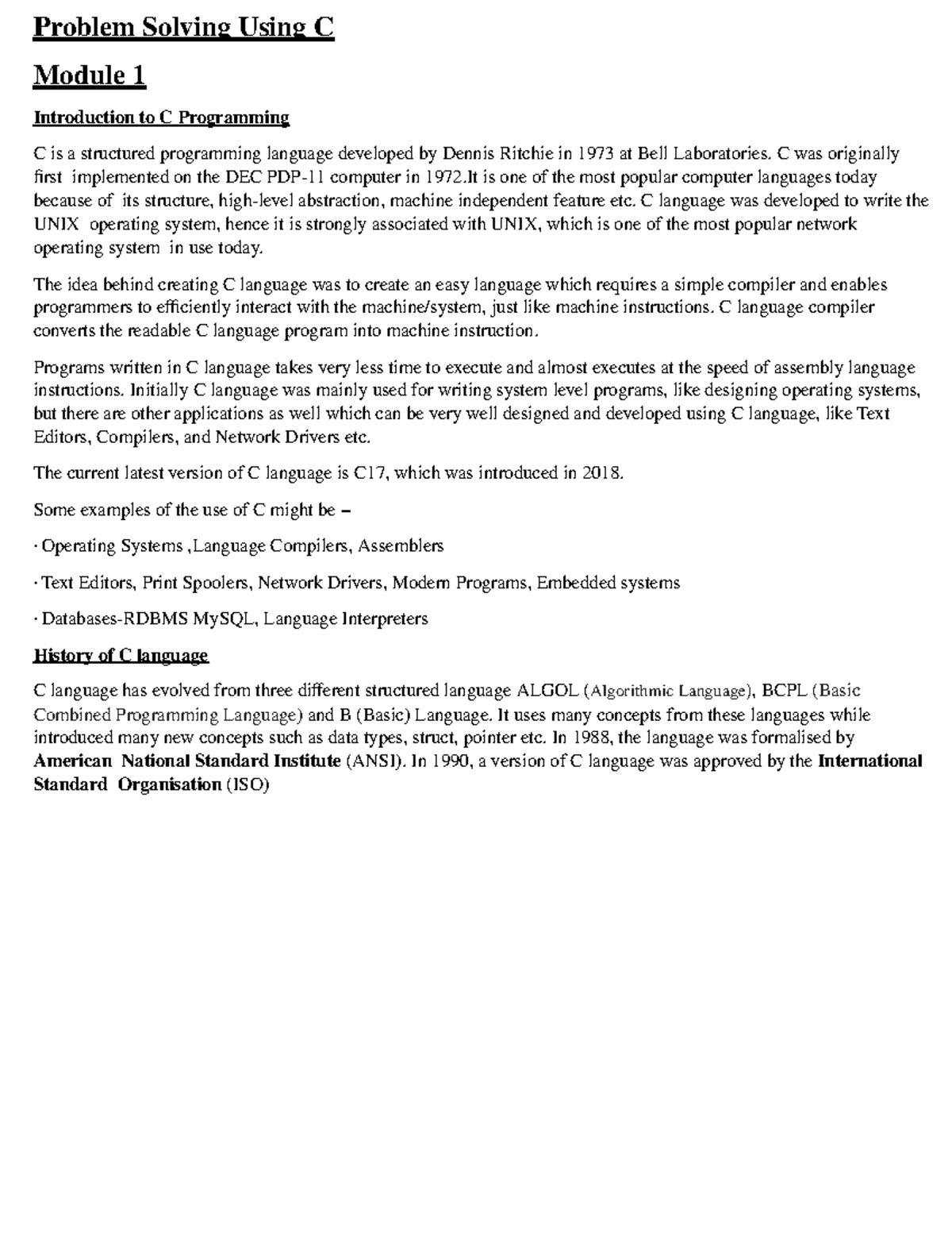 Module 1 - Introduction to C Programming Concepts and Structures - Studocu