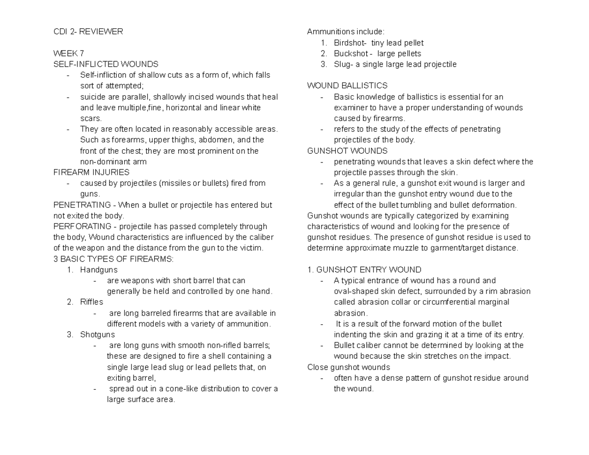 CDI 2 - Midterm Reviewer on Firearm Injuries and Forensic Analysis ...
