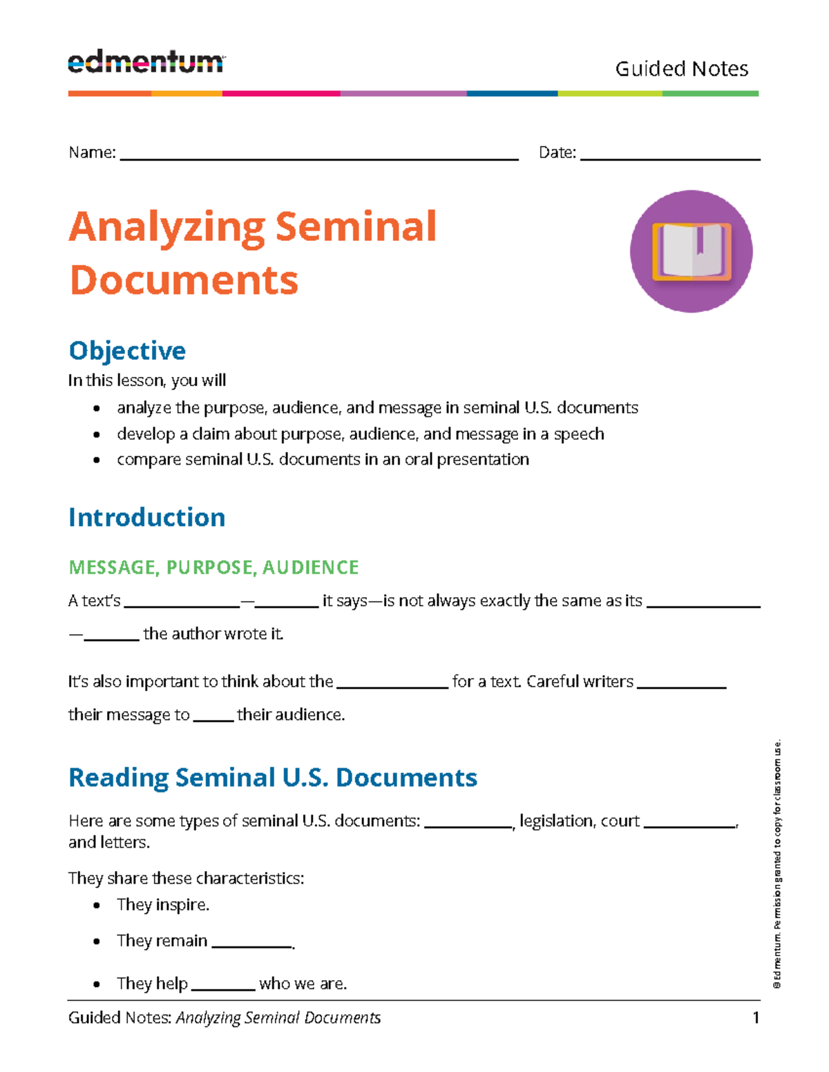 Analyzing Seminal Pt 1 - ©Edmentum. Permission granted to copy for ...