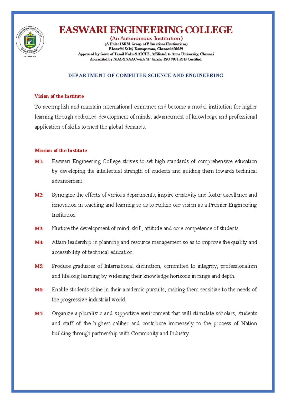 Vision and Mission of CSE Department - ECE 2023 - Studocu