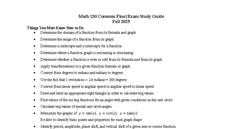 Math 130 Final Exam Study Guide: Key Concepts & Skills for Fall 2025 ...