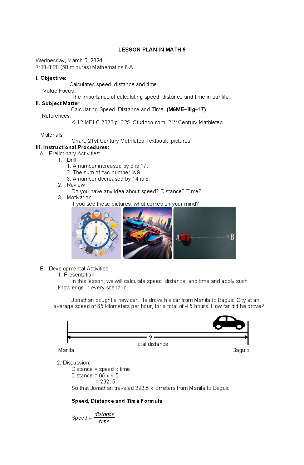 Lesson Plan: Calculating Speed, Distance, and Time (M6ME–IIIg–17) - Studocu