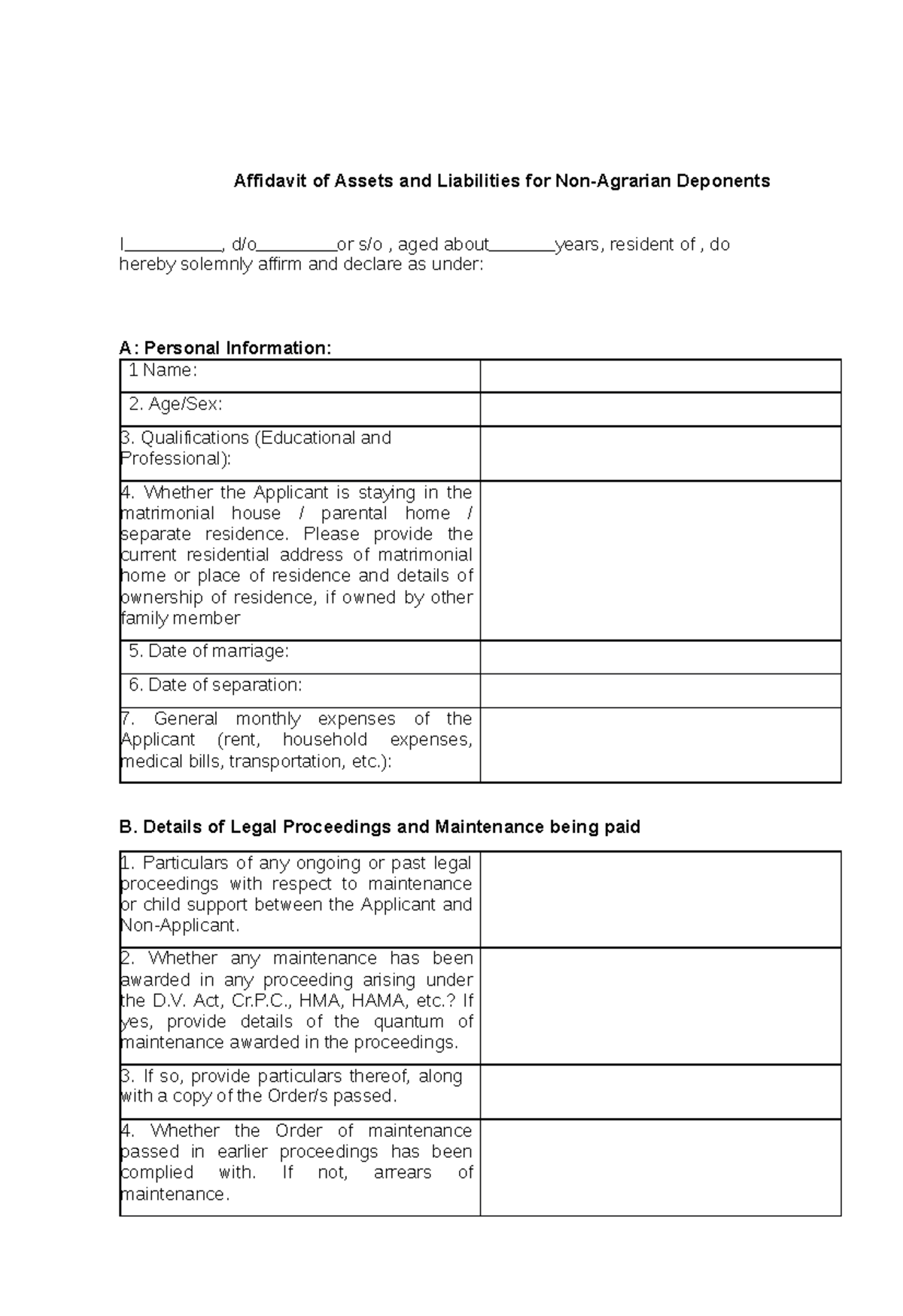 Income Affidavit Format for Supreme Court: Assets & Liabilities - Studocu