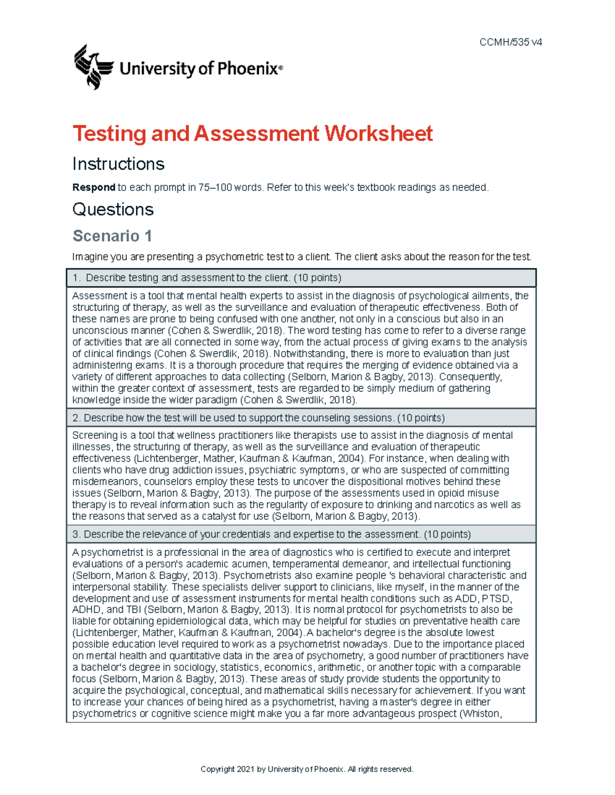 CCMH/535 v4 Week 1 Testing & Assessment Strategies Worksheet - Studocu