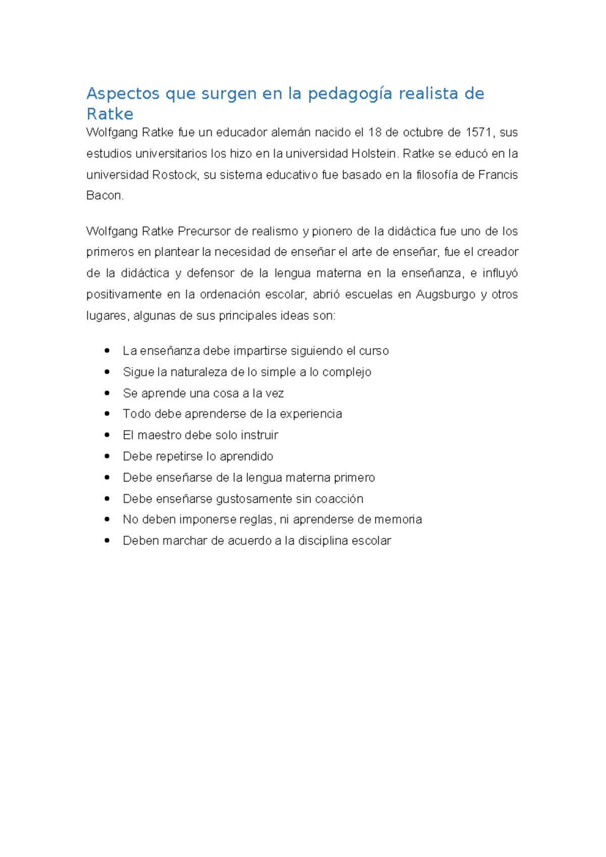 Aspectos Clave de la Pedagogía Realista de Ratke y su Influencia - Studocu
