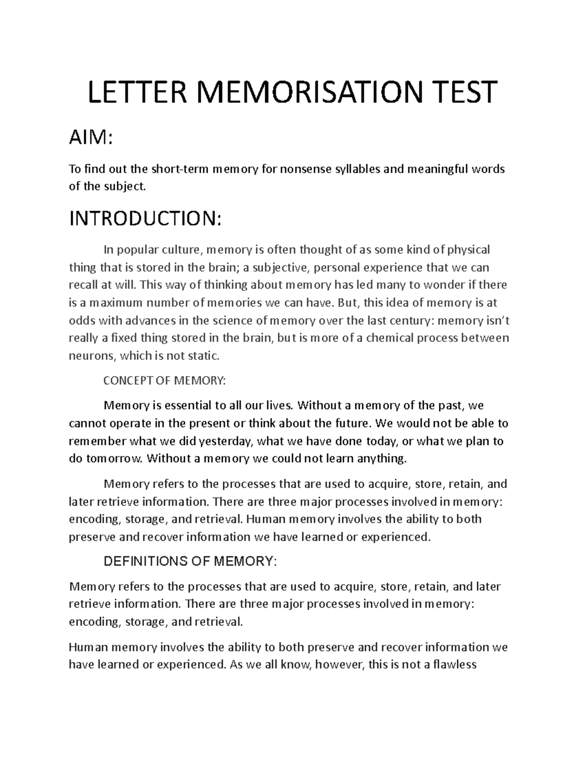 Letter Memorisation TEST - LETTER MEMORISATION TEST AIM: To find out ...