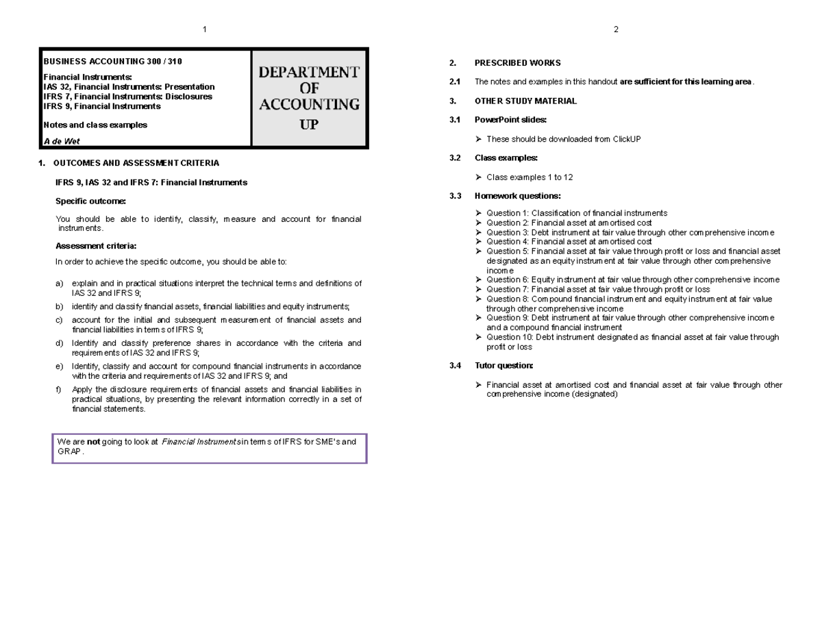 Financial Instruments Notes & Class Examples: ACC 300/310 2025 - Studocu