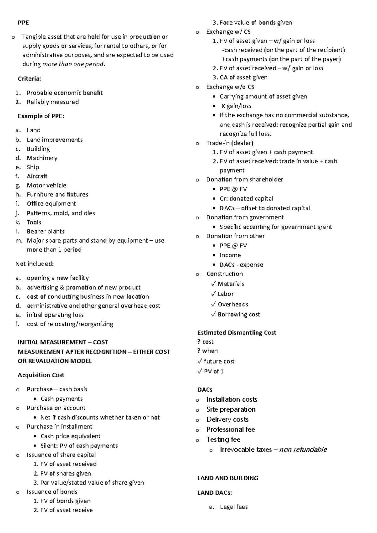 PPE IA1 - Summary of Tangible Assets and Measurement Criteria - Studocu