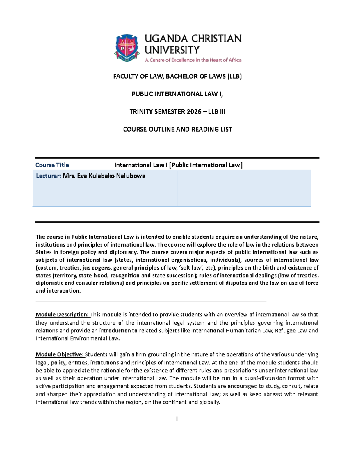 UCU LLB Public International Law I - Course Outline & Reading List ...