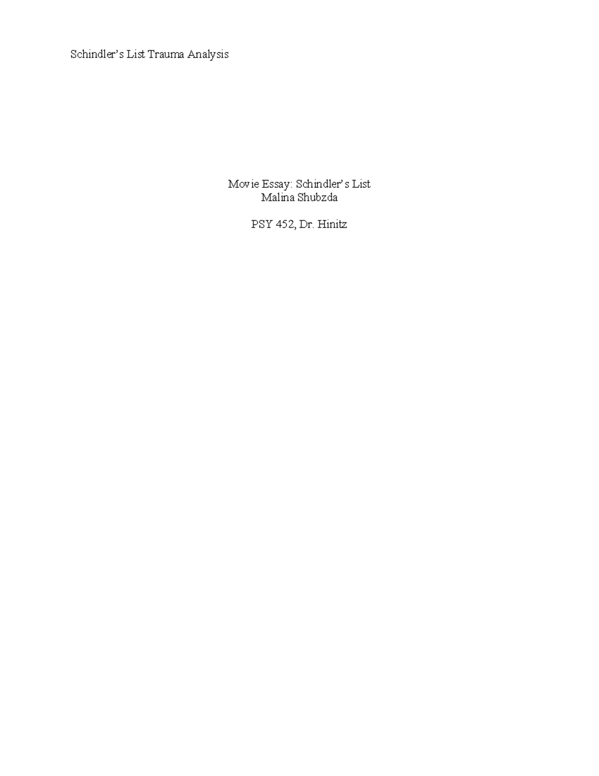 PSY 452: Trauma Analysis in Schindler's List Movie Essay - Studocu