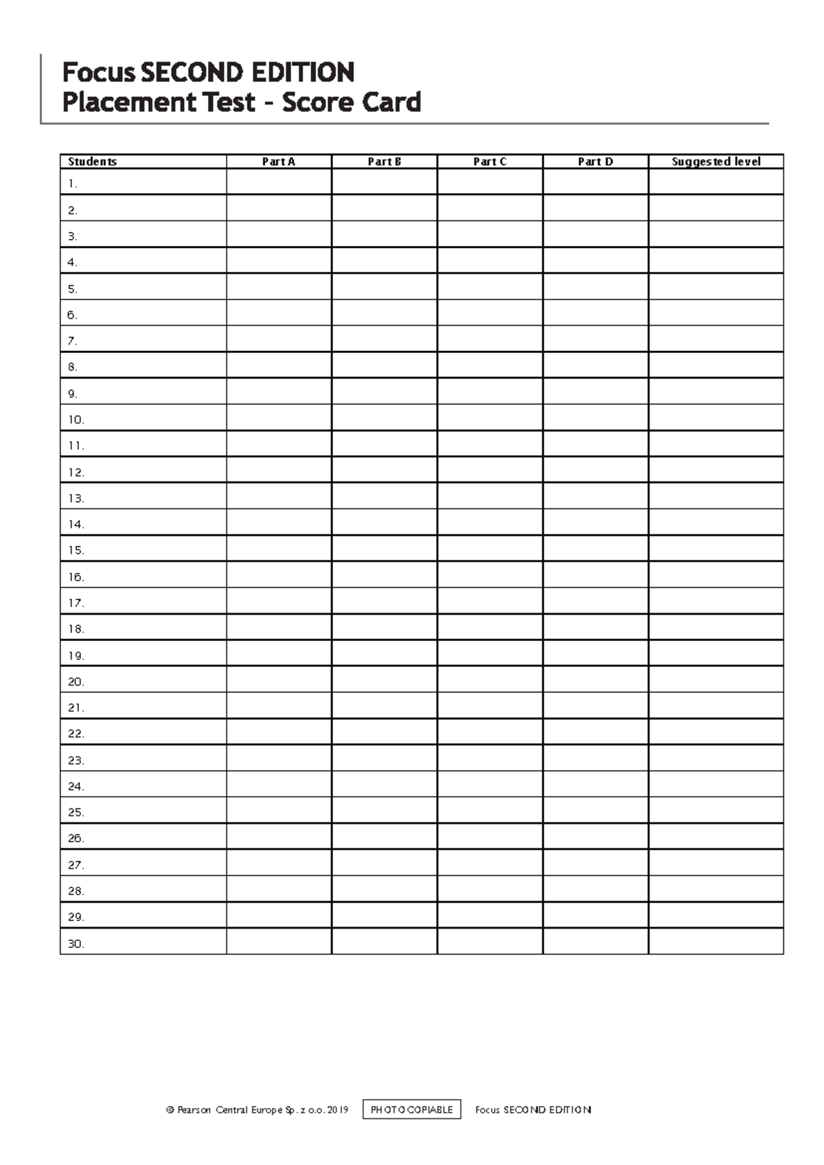 Focus 2e Placement Test Score card - Język angielski - © Pearson ...