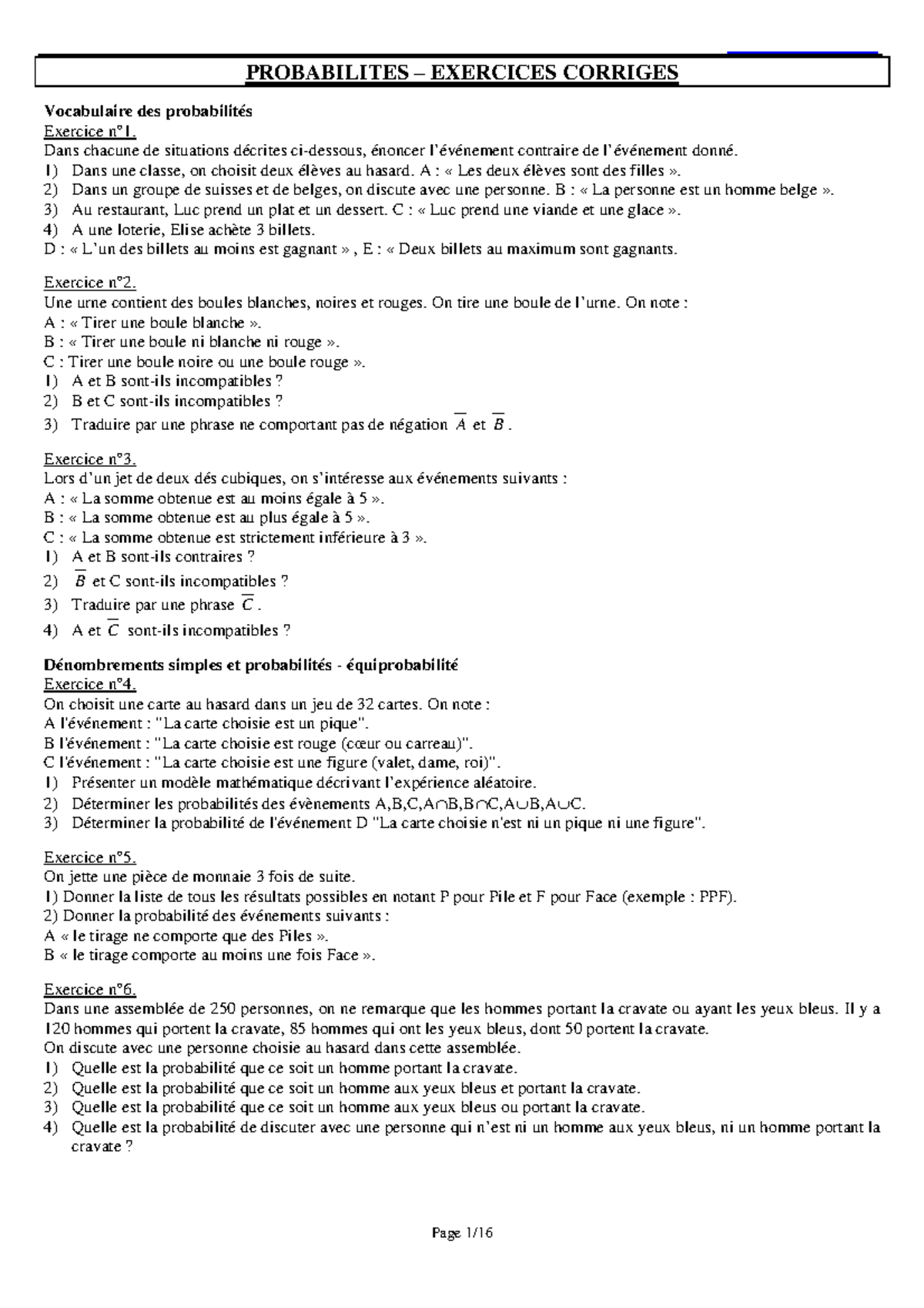 Exercices et Corrigés de Probabilités - Cours de Mathématiques - Studocu