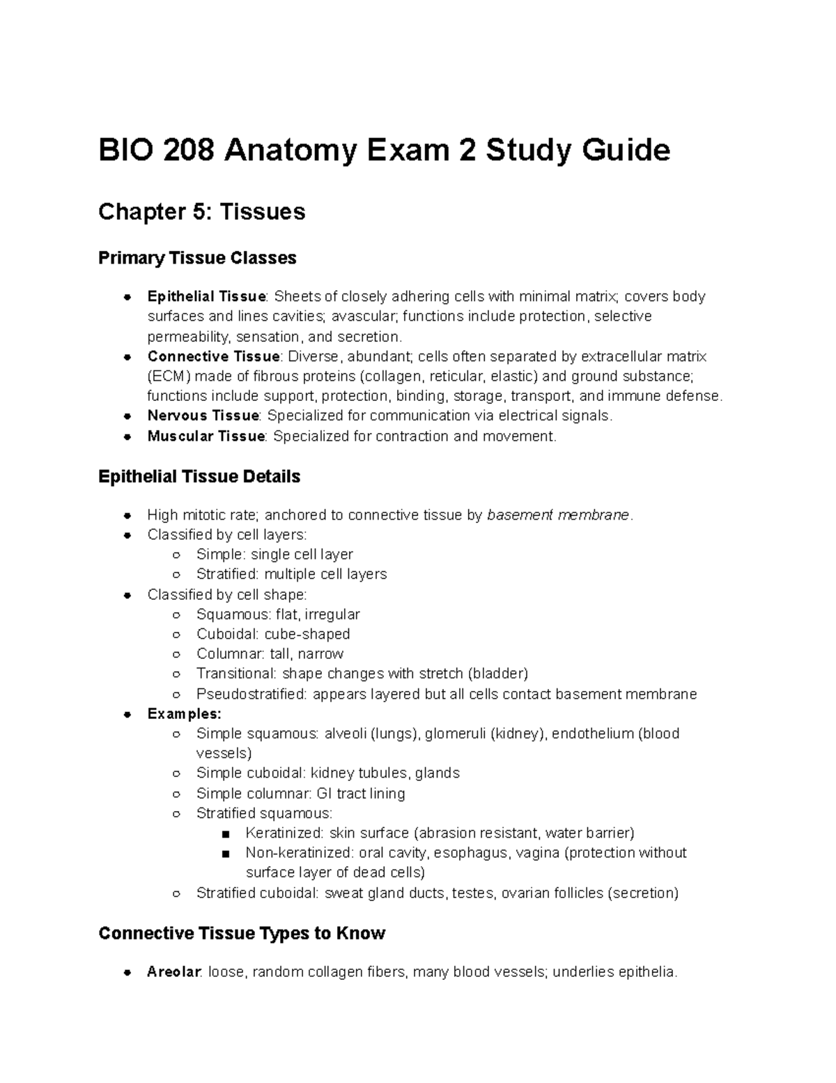 BIO 208 Anatomy Exam 2 Study Guide: Tissues & Skeletal System - Studocu