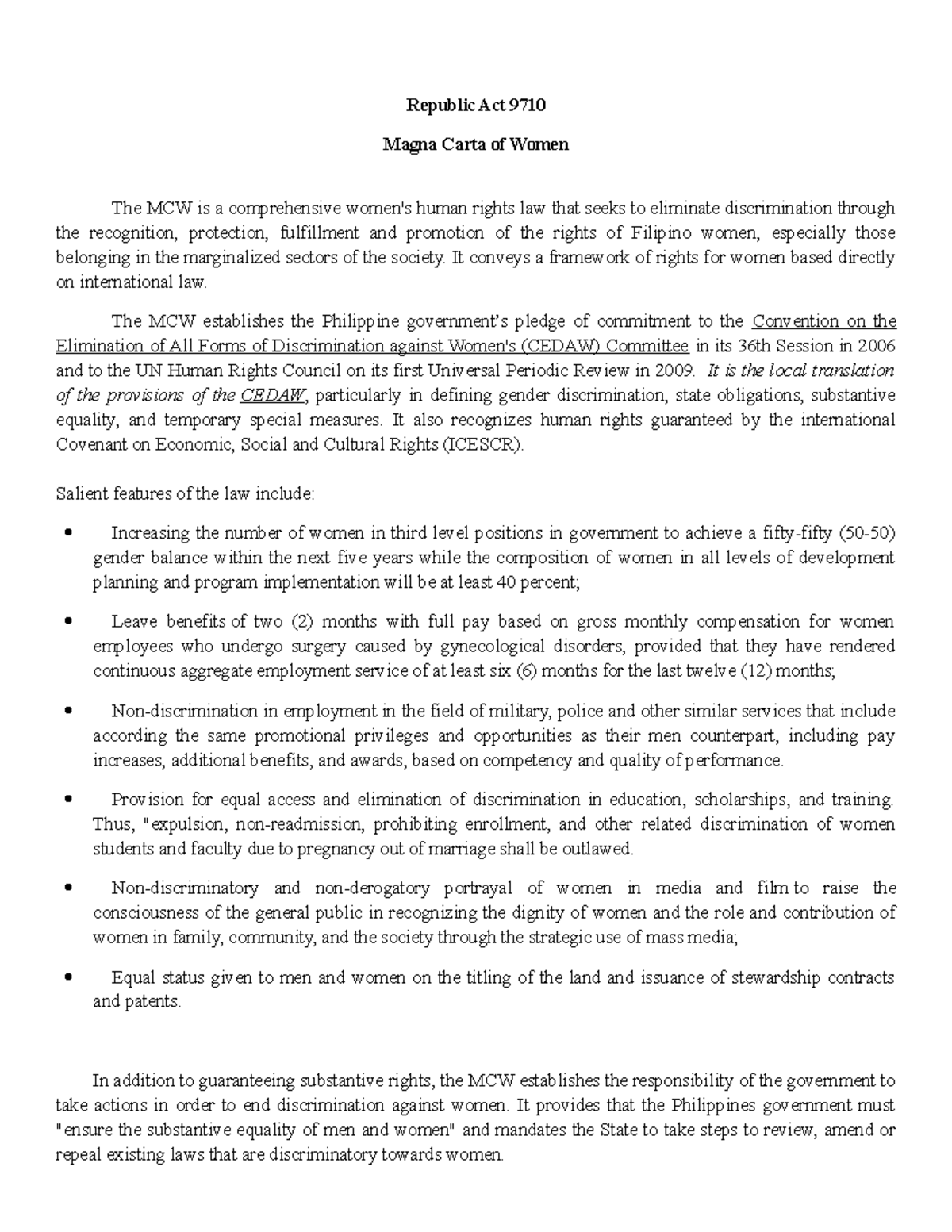Oblicon - Salient Features of Republic Act 9710 - Republic Act 9710 ...