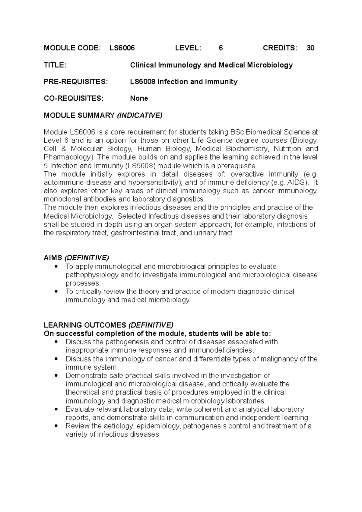 LS6006 Clinical Immunology and Medical Microbiology Module Descriptor ...