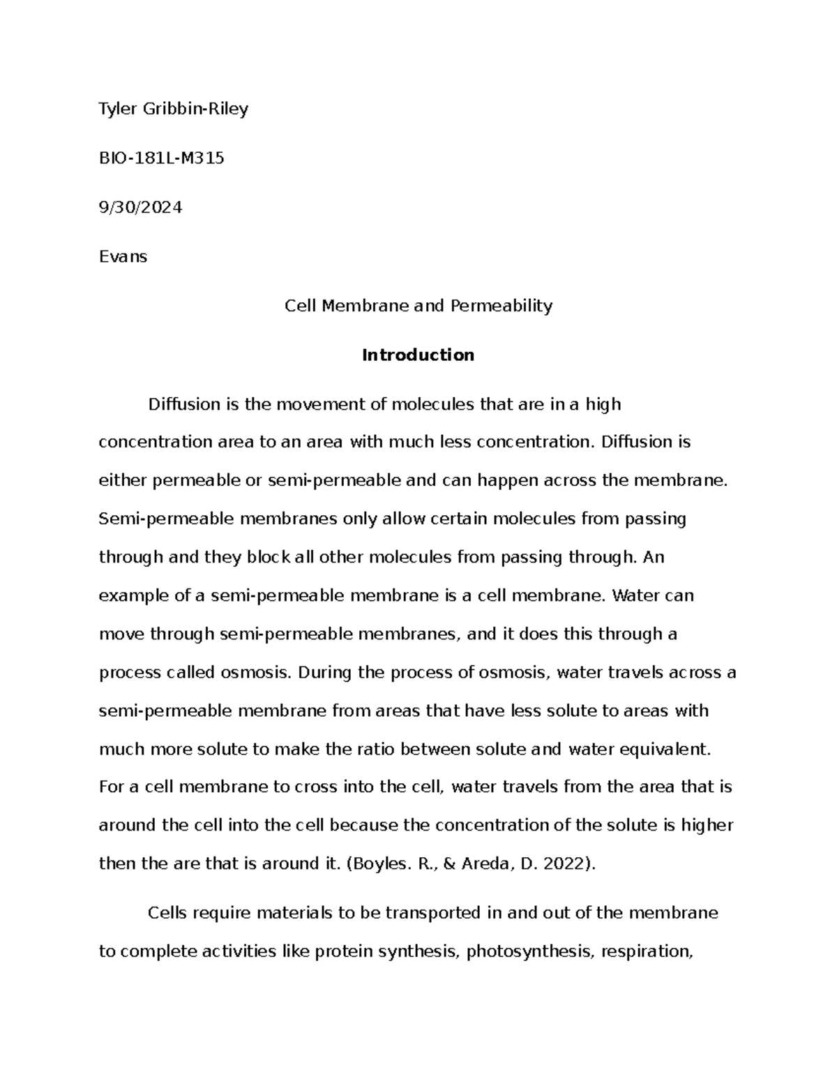 Cell Membrane Lab - Tyler Gribbin-Riley BIO-181L-M 9/30/ Evans Cell ...