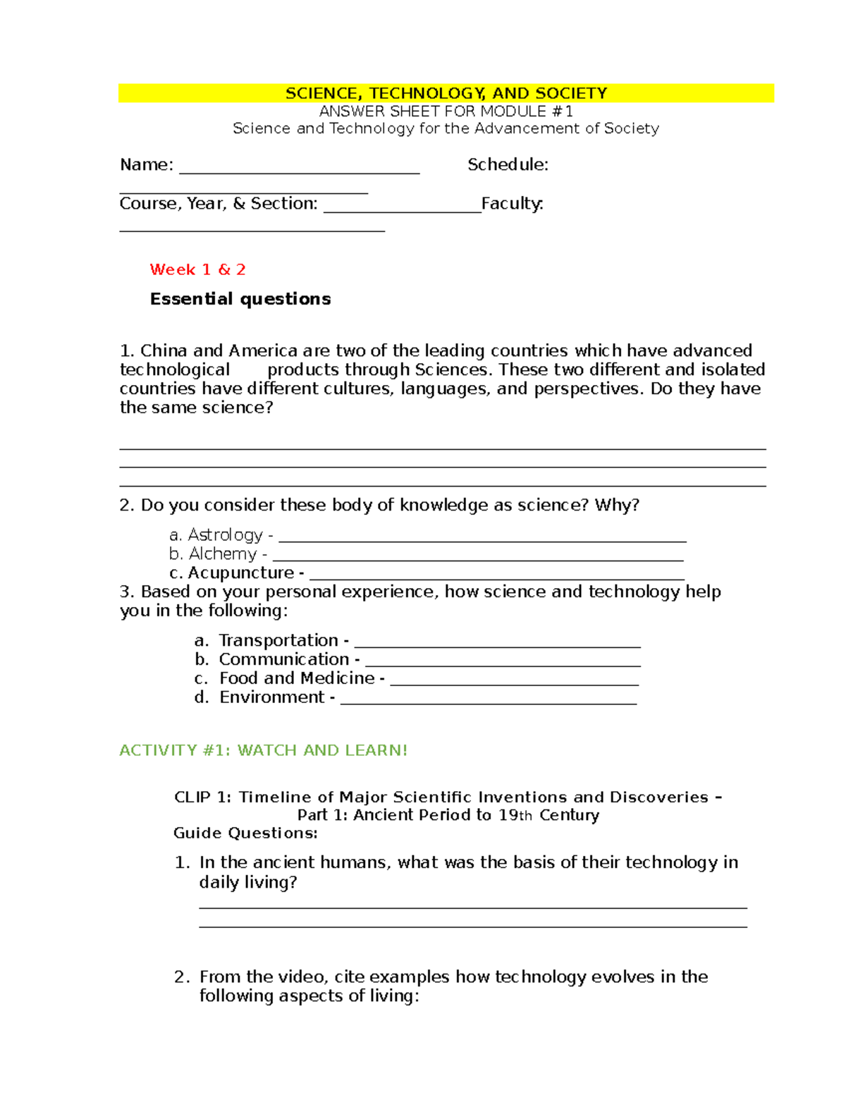 STS Module 1: Answer Sheet for Science, Technology, and Society Activities - Studocu