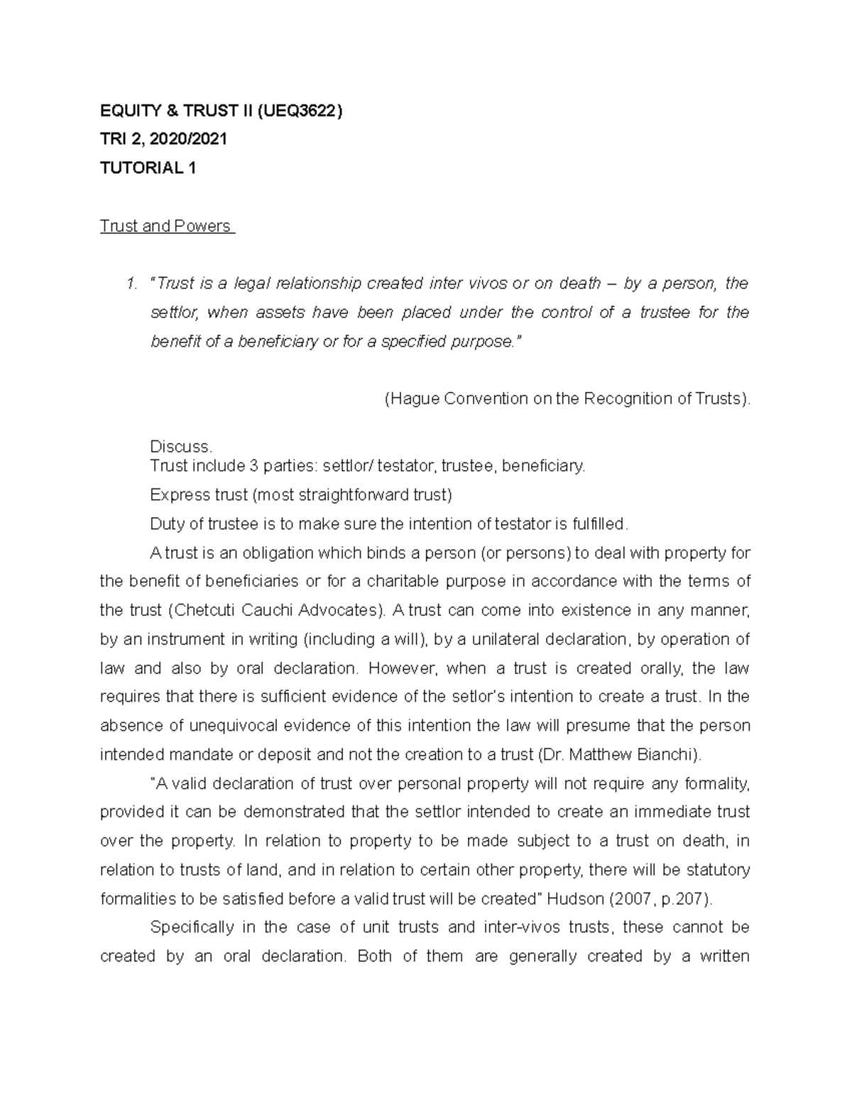 Tutorial 1 Equity - EQUITY & TRUST II (UEQ3622) TRI 2, 2020/ TUTORIAL 1 ...
