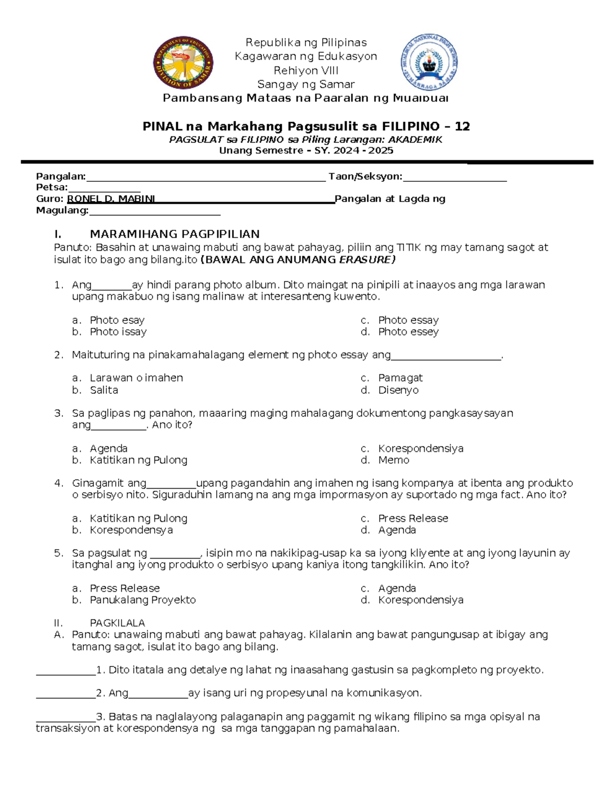 Pagsusulit sa FILIPINO 12 - Pinal na Markahang Pagsusulit na 2024-2025 ...