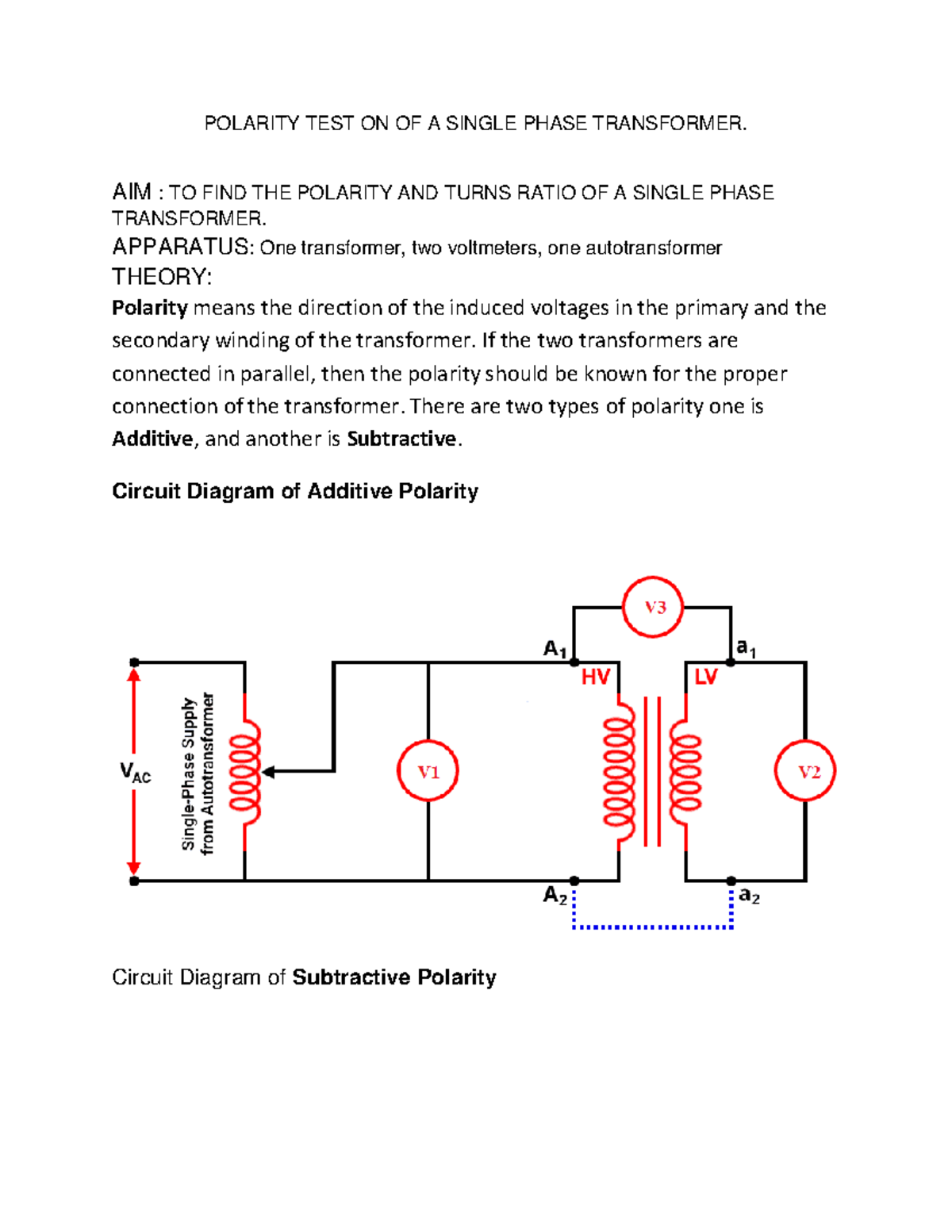 Polarity Test of a Single Phase Transformer (Engineering Lab) - Studocu