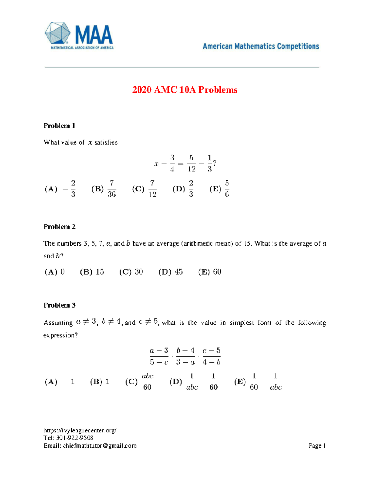 2020 amc 10a problems and answers 1C - ivyleaguecenter/ Tel: 301-922 ...
