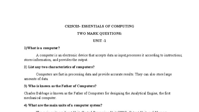 CS25C03 - Essentials of Computing: Key Two Mark Questions - Studocu