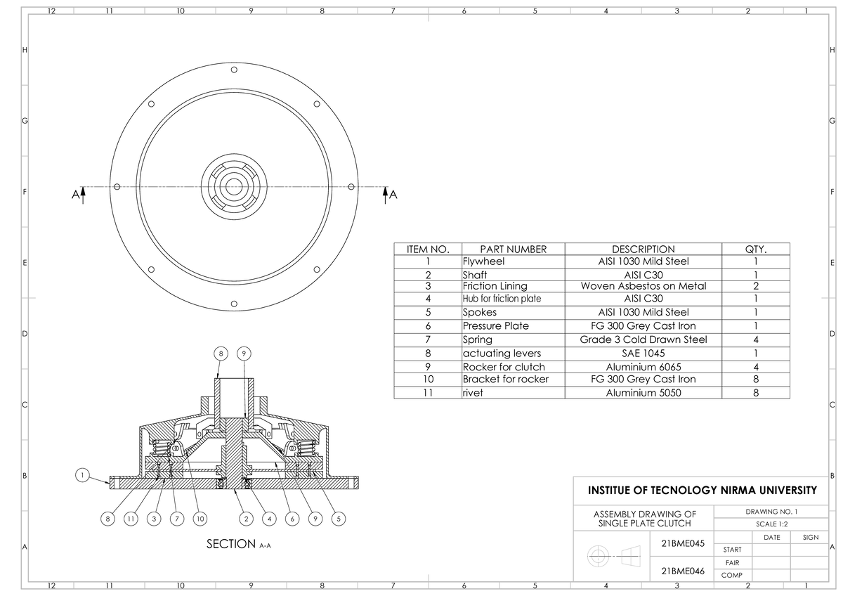 Assembly Drawing of Single Plate Clutch - 21BME - Studocu