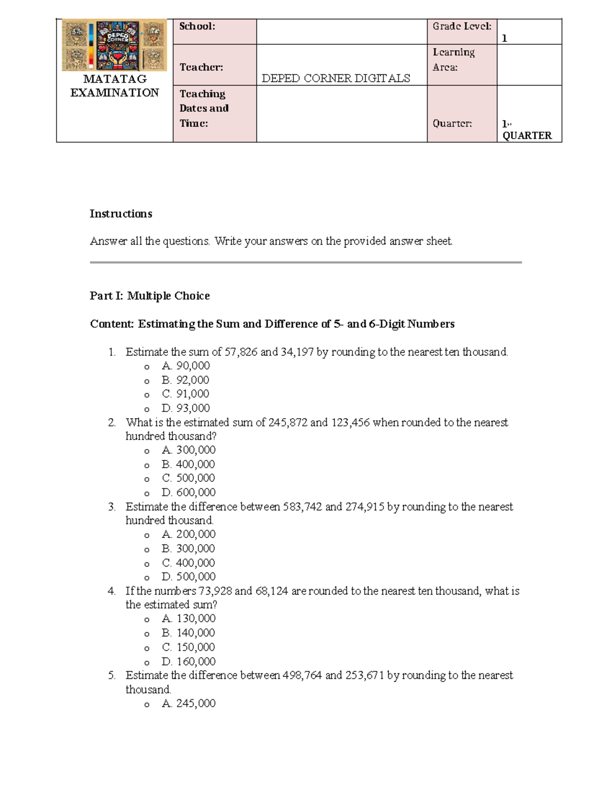 S-WEEK 8-MATH- Estimating Sums & Differences Exam - Studocu