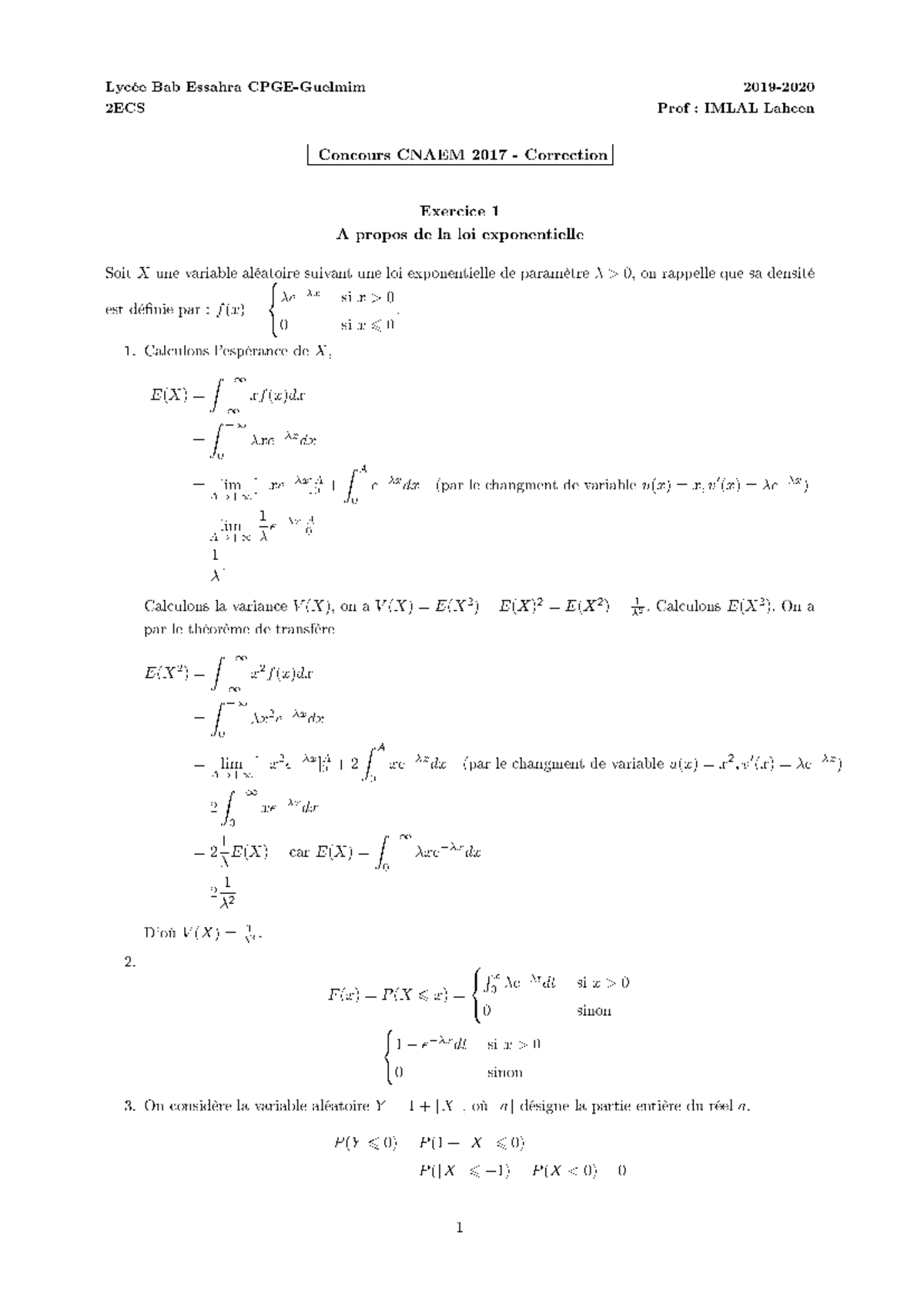 Correction d'Exercices de Maths 2ECS CNAEM 2017 - Concours - Studocu