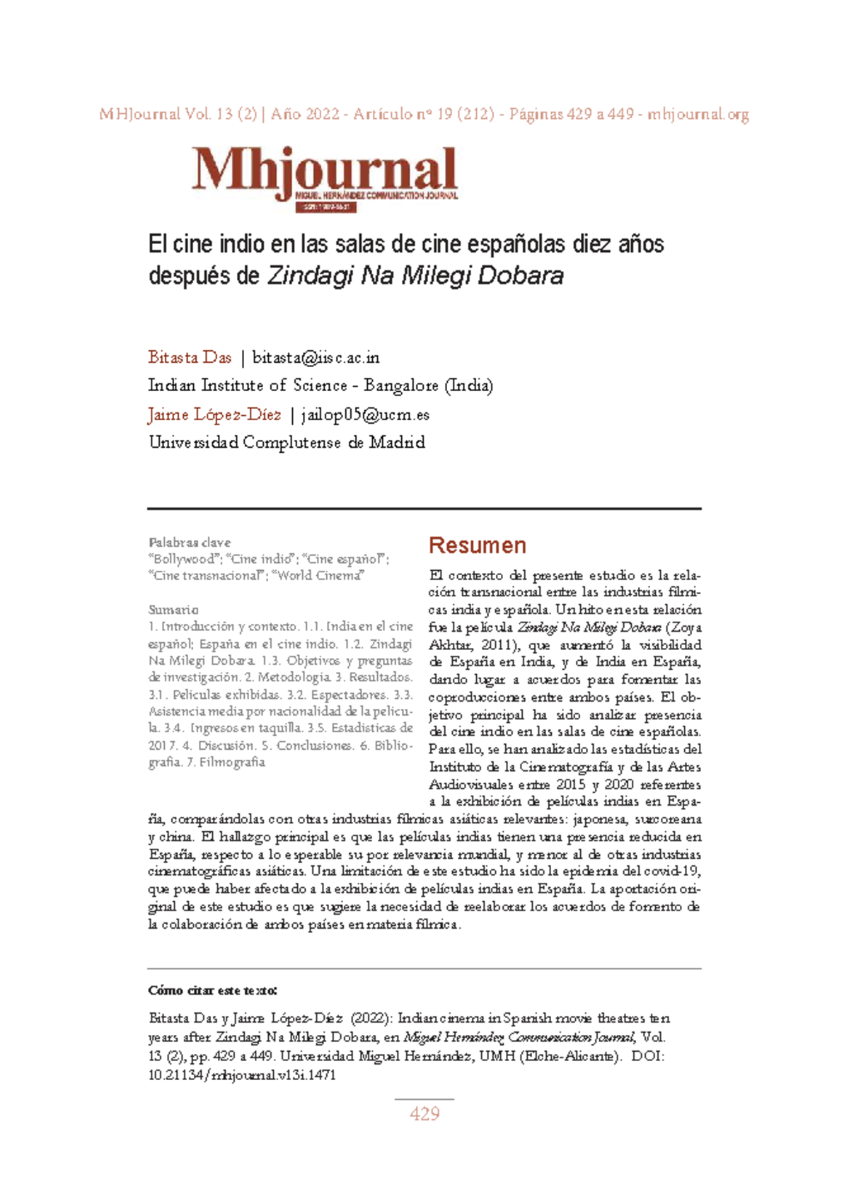 MHJournal Vol. 13 (2) 2022: Indian Cinema in Spanish Theatres Post-ZNMD ...