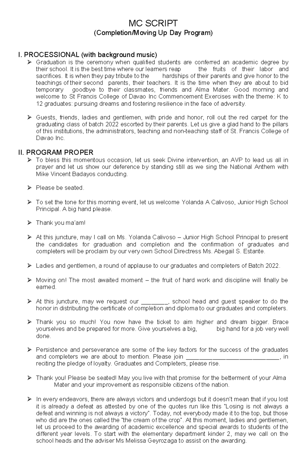 1 Emcee Script for Graduation Ceremony at St. Francis College - Studocu