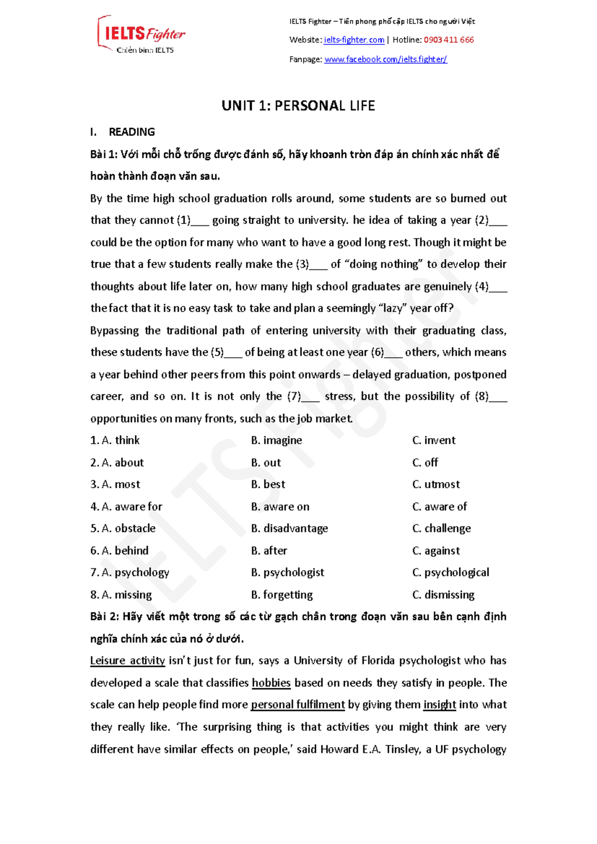 Unit 1: Personal Life - Reading & Activities Overview for IELTS ...