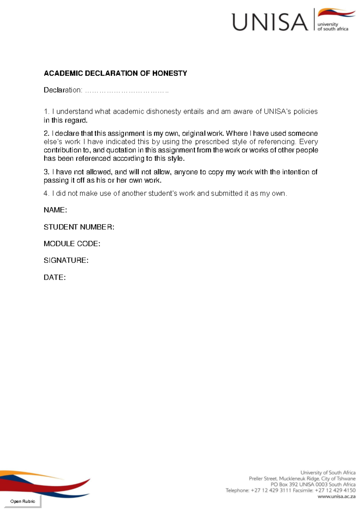 UNISA Academic Declaration of Honesty Form - Studocu