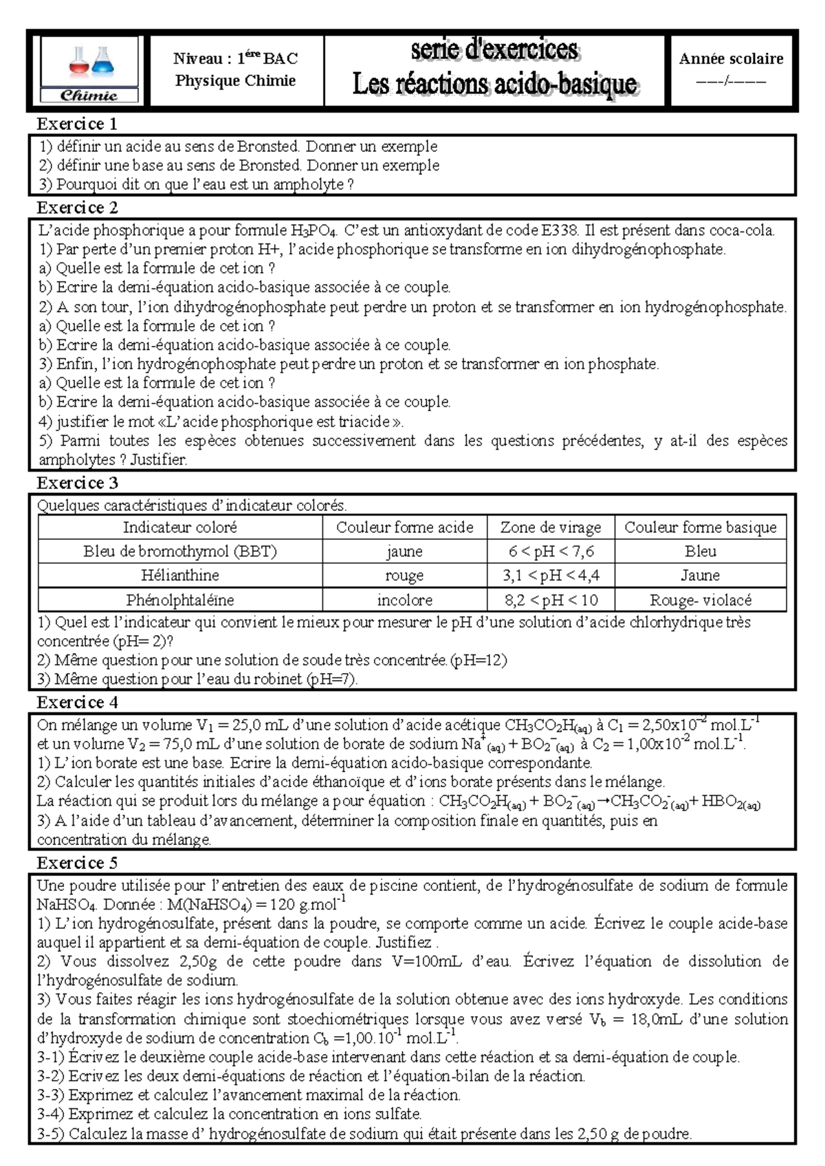 Exercices Réactions Acido-Basiques 1ère BAC - Physique Chimie - Studocu