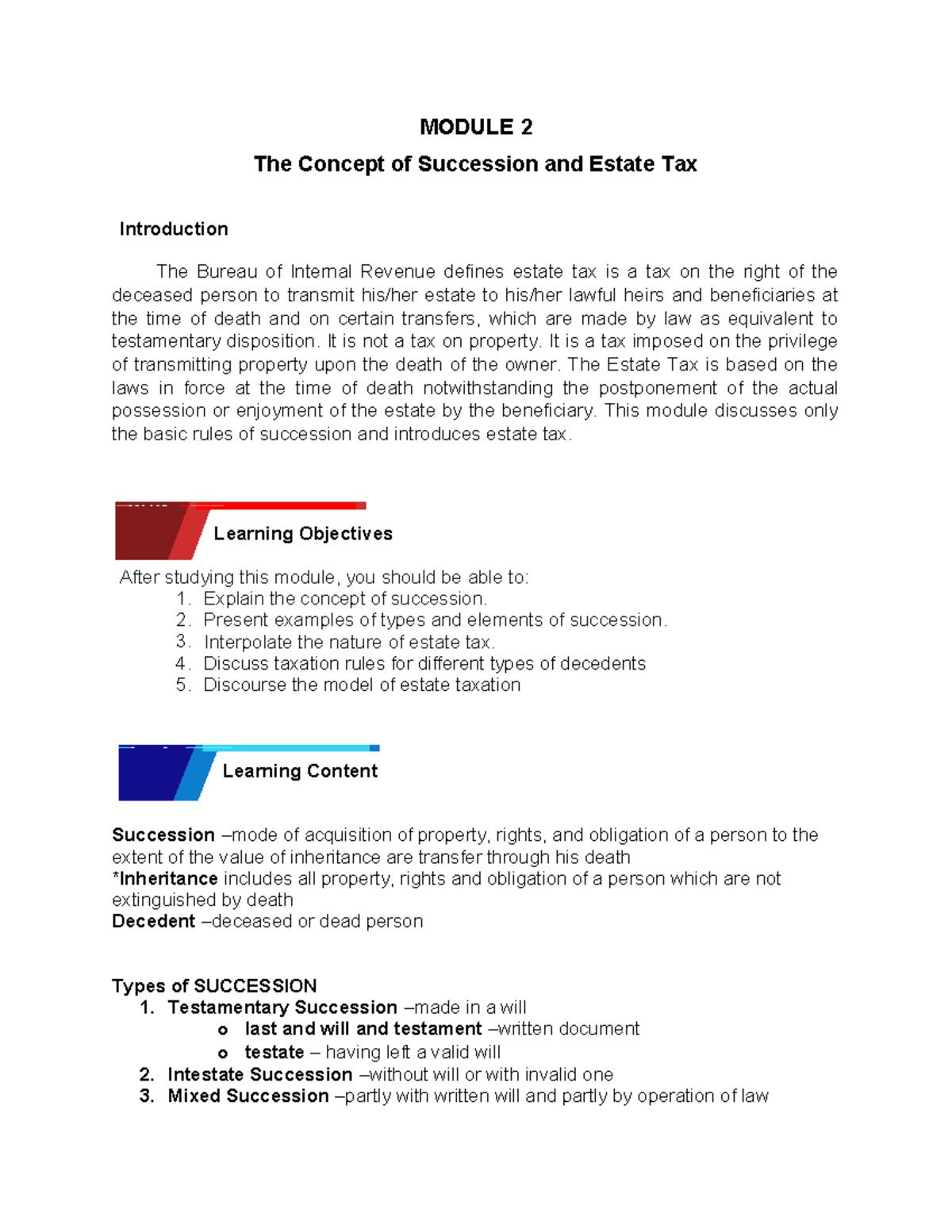 Module 2 TAX 302 - Understanding Succession & Estate Tax Basics - Studocu