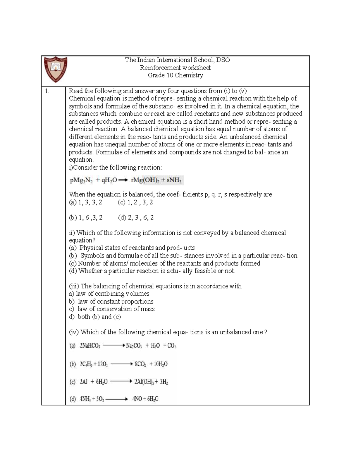 Chem - Grade 10 Chemistry Reinforcement Worksheet - Studocu