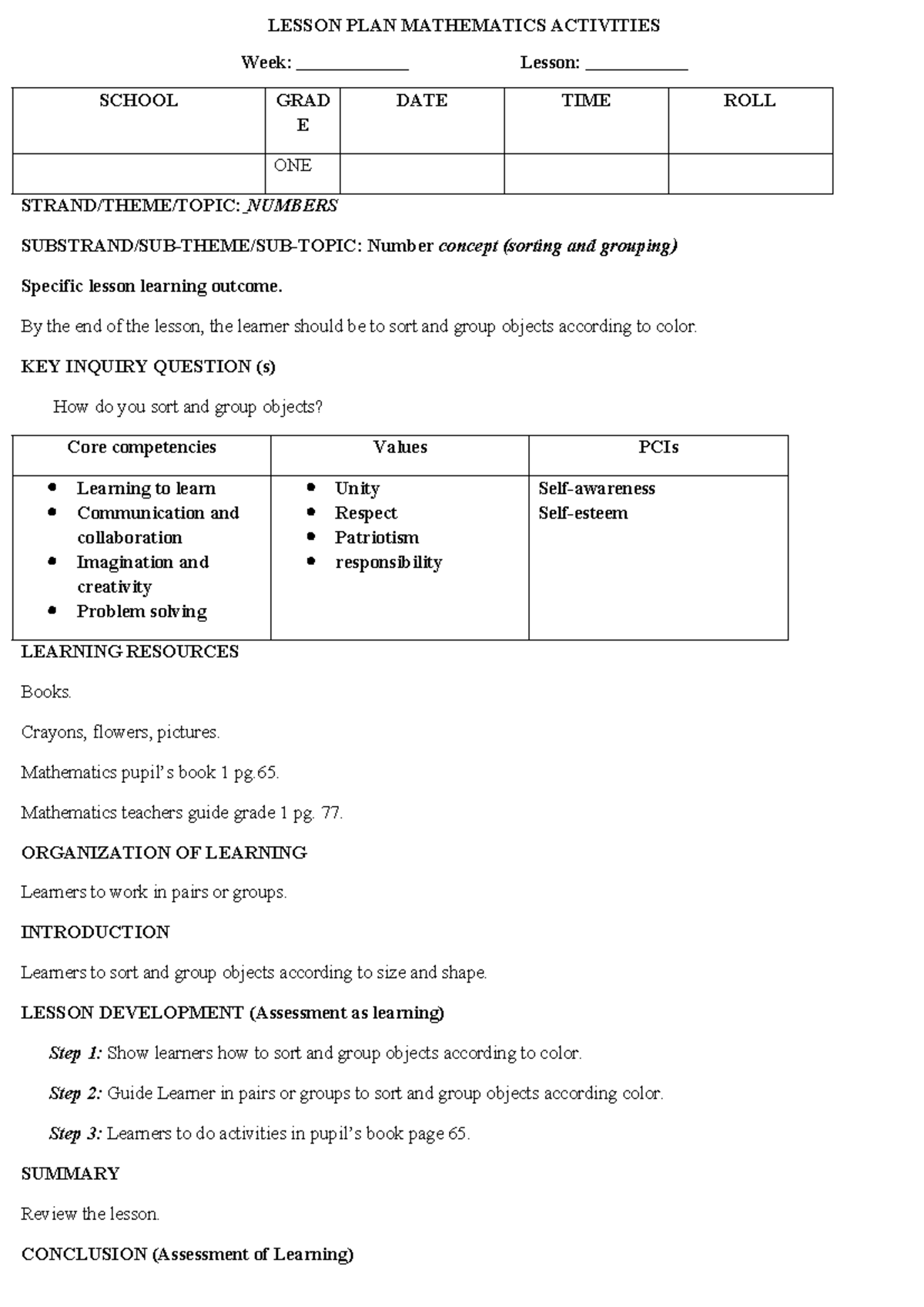 Gr 1 Mathematics Activities Term 2 Lesson Plans: Number Concepts - Studocu
