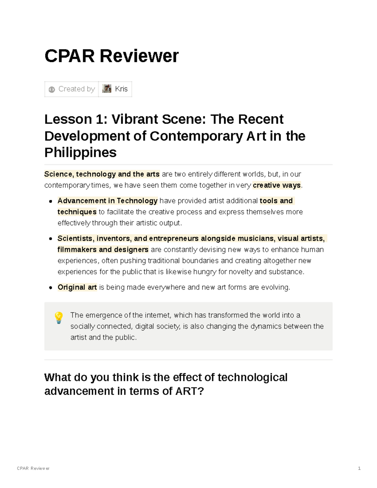 CPAR: Contemporary Art & Its Impact in the Philippines - Lesson Notes ...