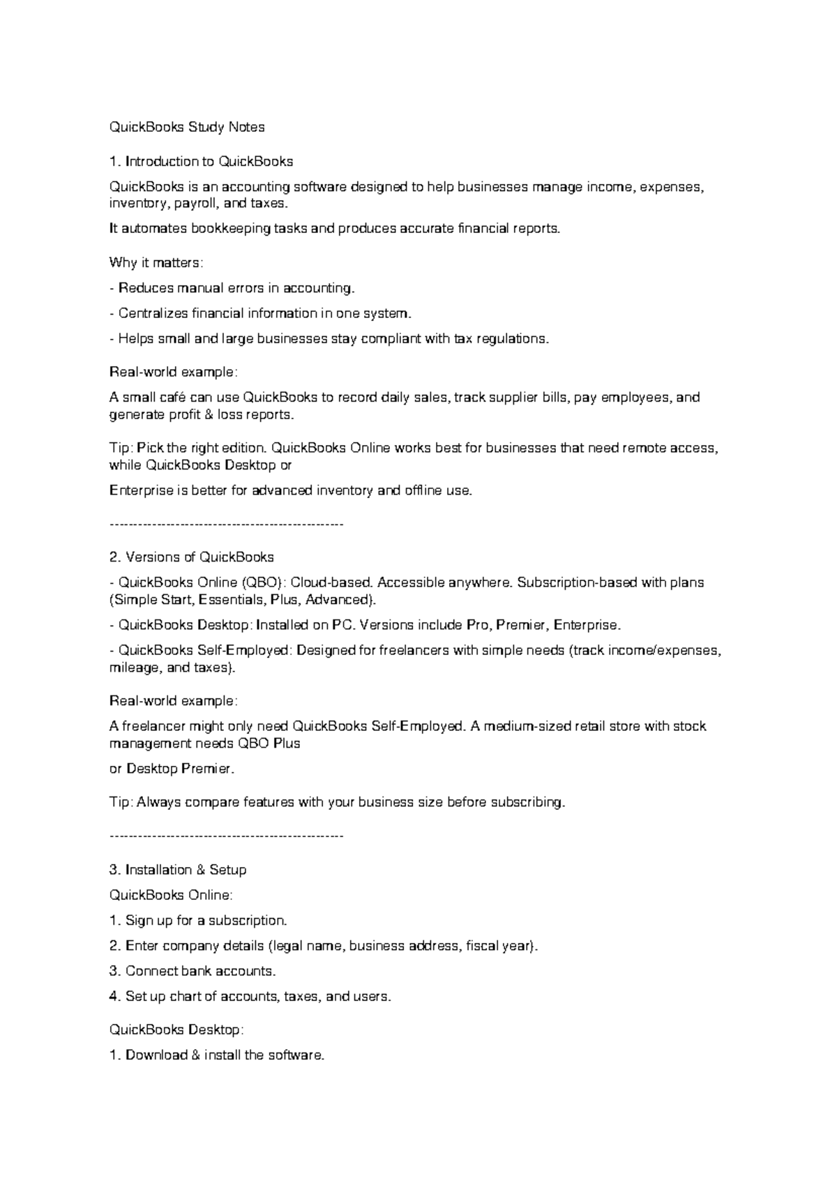 QuickBooks Study Notes: Introduction & Best Practices for QBO - Studocu