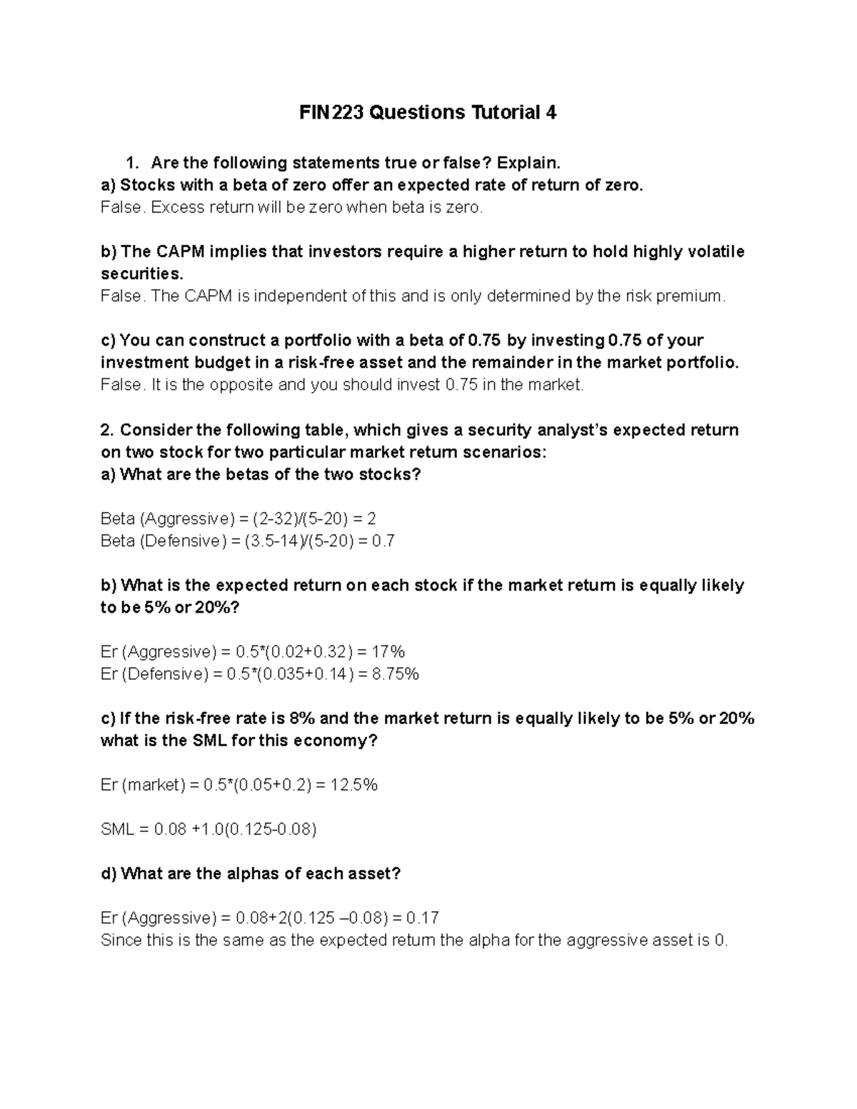 FIN223 Tutorial 4 Questions and Answers on CAPM and Betas - Studocu