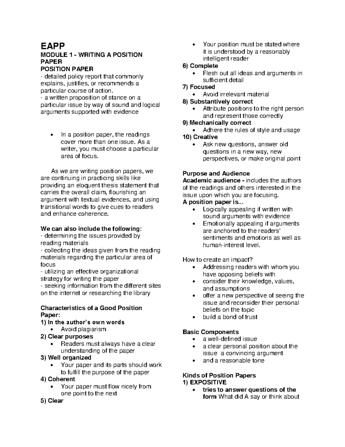 EAPP: Writing and Analyzing Effective Position Papers - Studocu